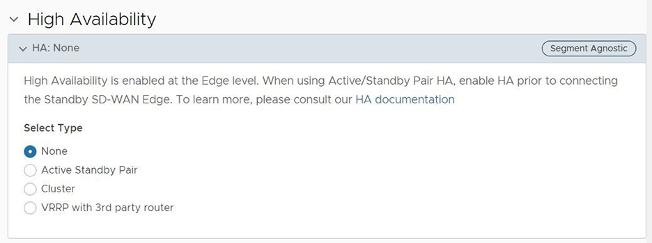 VeloCloud SD-WAN 6.4 - Administration Guide - Configure High Availability on an Edge - Arista